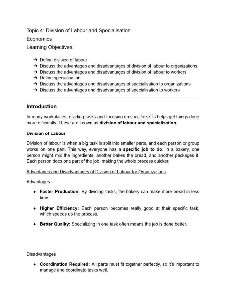 Topic 4 - Division of Labour and Specialisation | PDF | Division Of ...