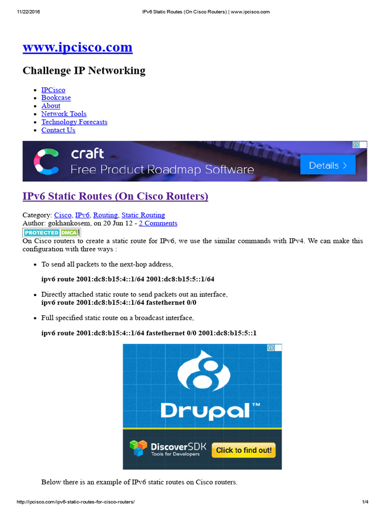 Cisco IPv6 Static Route Guide | PDF | I Pv6 | Router (Computing)