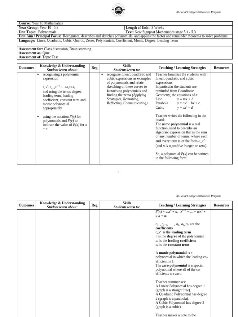Yr10 53 Polynomials Pdf Factorization Quadratic Equation 8951