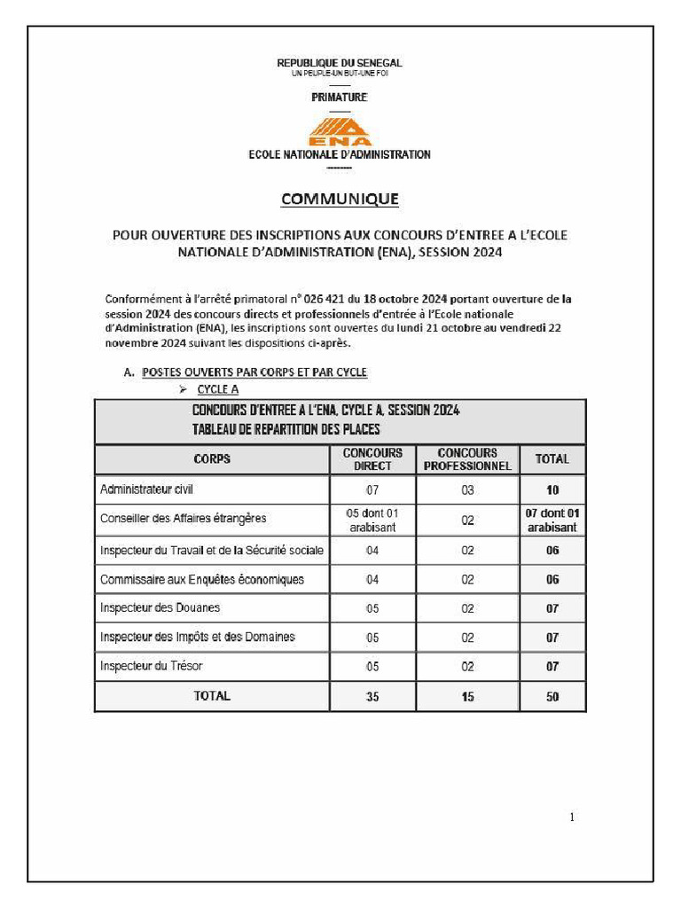 Ena 2024 Informations Sur Les Inscriptions 1729601165 | PDF