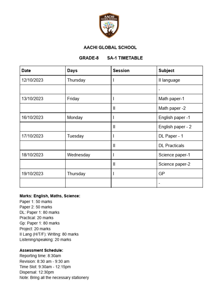 Aachi Global School Grade-8 Sa-1 Timetable Date Days Session Subject | PDF
