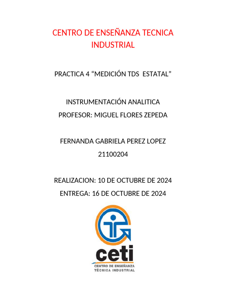 Centro de Enseñanza Tecnica Industrial: Practica 4 "Medición Tds Estatal" | PDF | Agua | Medición