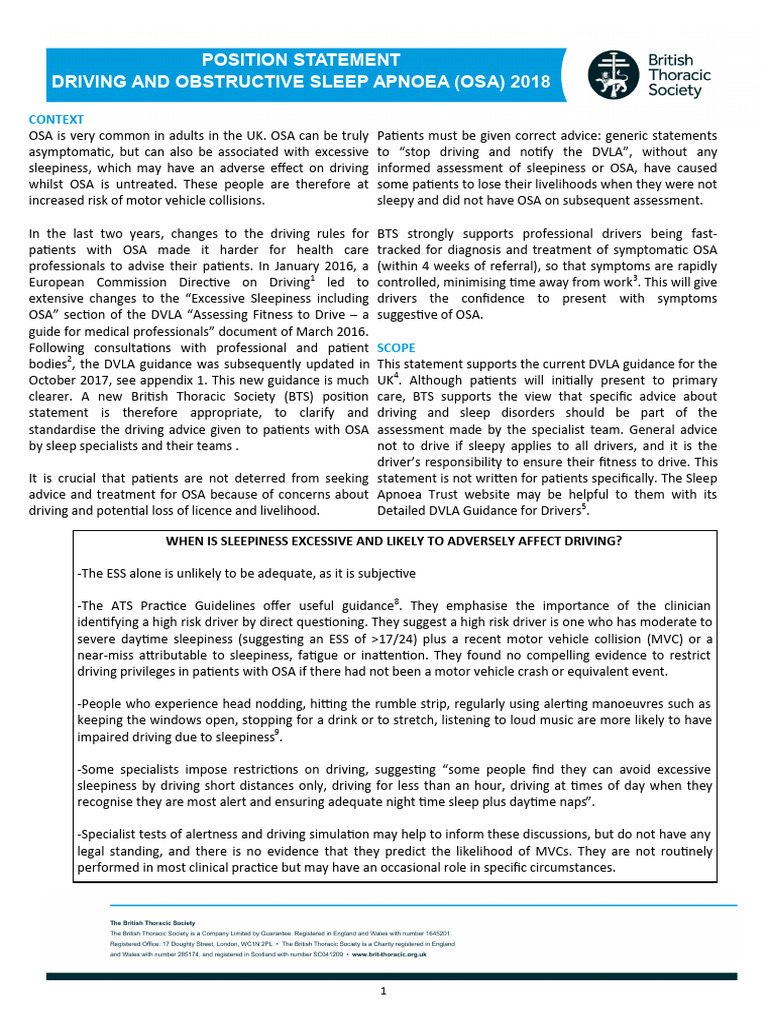 Position Statement on Driving and Obstructive Sleep Apnoea | PDF ...
