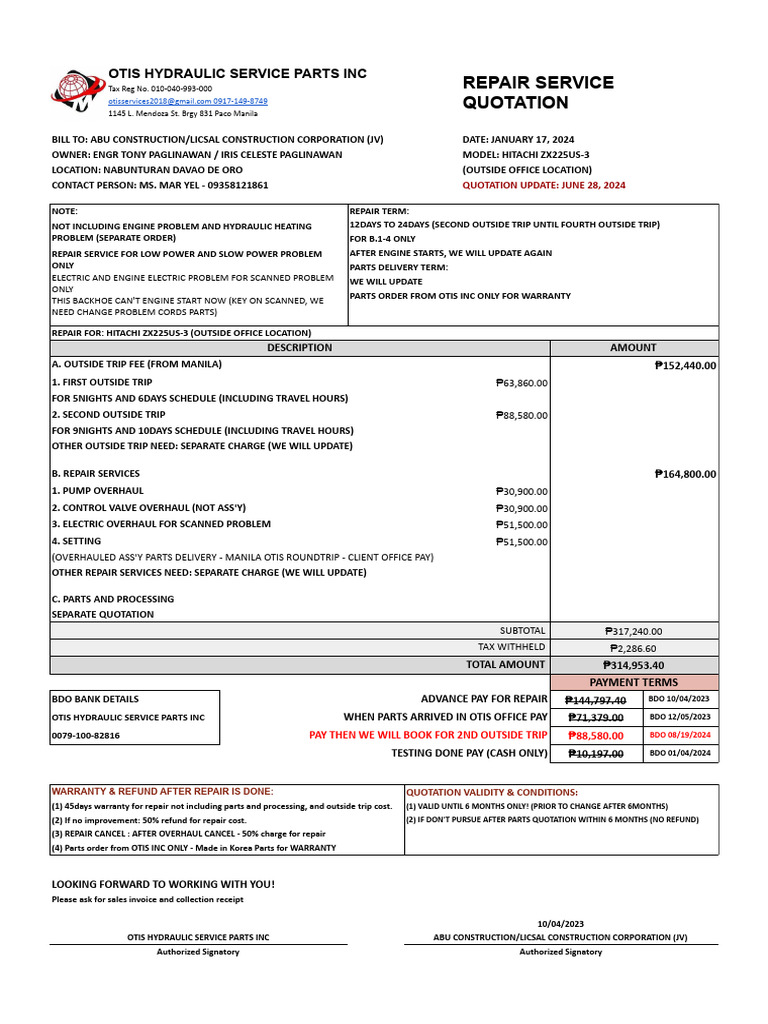 REPAIR QUOTATION - HITACHI ZX225US-3 (OUTSIDE OFFICE LOCATION) NABUNTURAN DAVAO DE ORO - Sheet1 ...