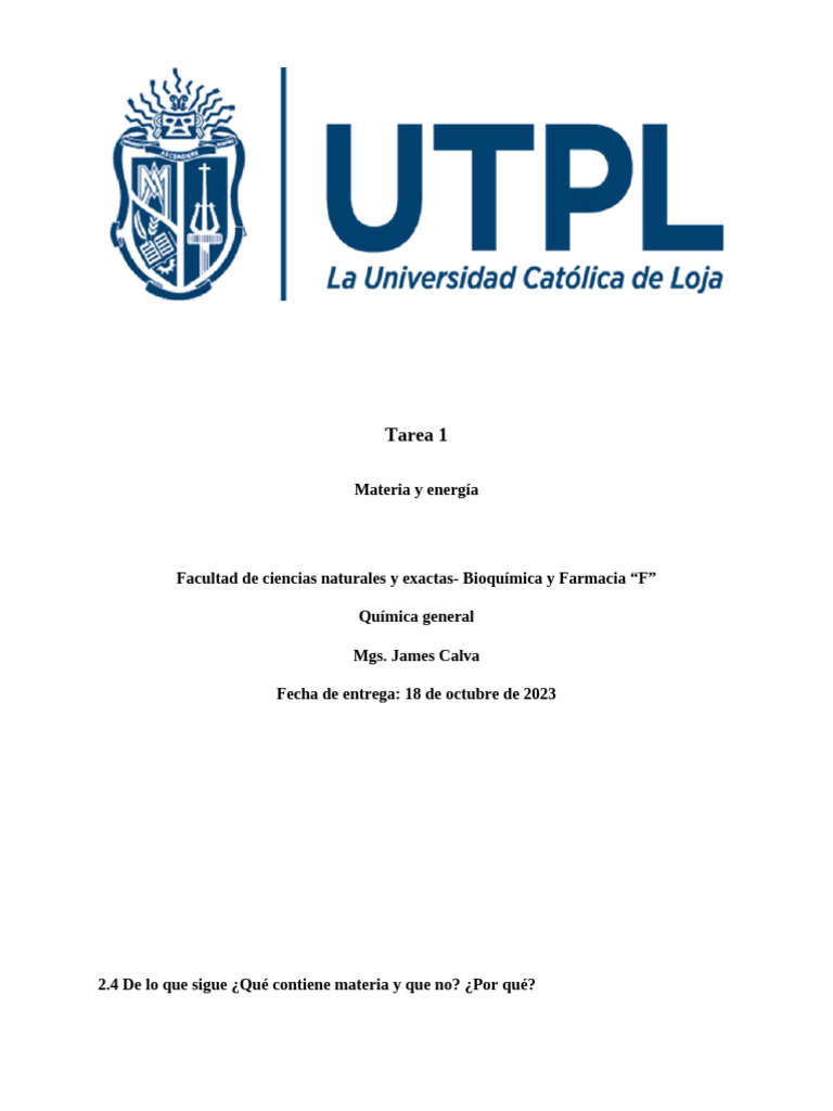 Tarea 1 - Quimica General - Bqyf - Utpl | PDF | Importar | Hidrógeno