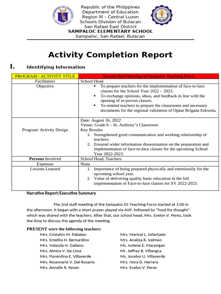 2nd Staff Meeting ACR | PDF | Teachers
