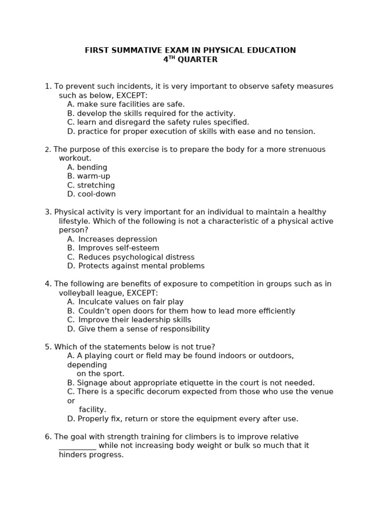 First Summative Test in PE 4th Quarter | PDF | Mountaineering ...