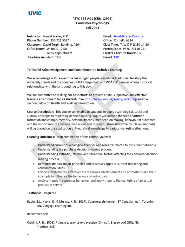 PSYC 333 - Consumer Psychology Course Syllabus Fall 2024 DRAFT | PDF | Behavior | Consumer Behaviour