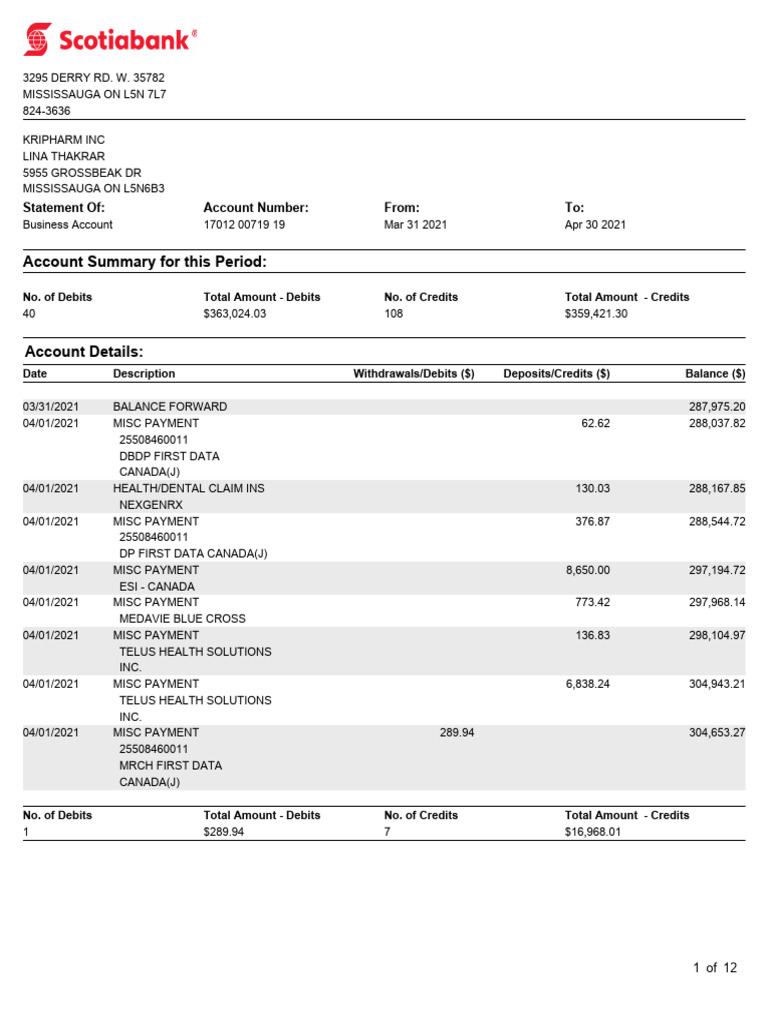 Scotiabank Business Statement | PDF | Taxation | Banking