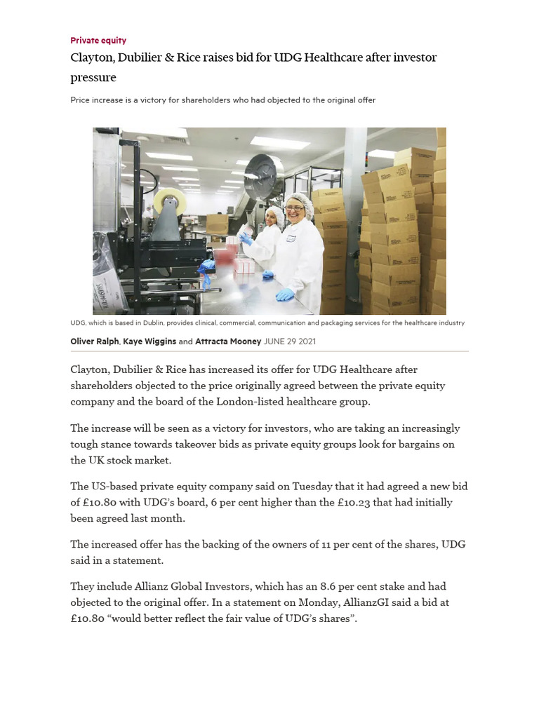 Clayton, Dubilier - Rice Raises Bid For UDG Healthcare After Investor ...