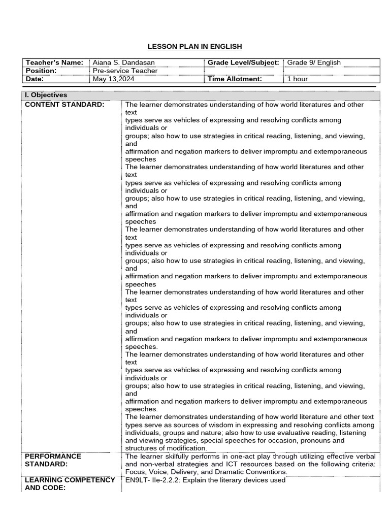 Lesson Plan in English Literary Devices | PDF | Poetry | Irony