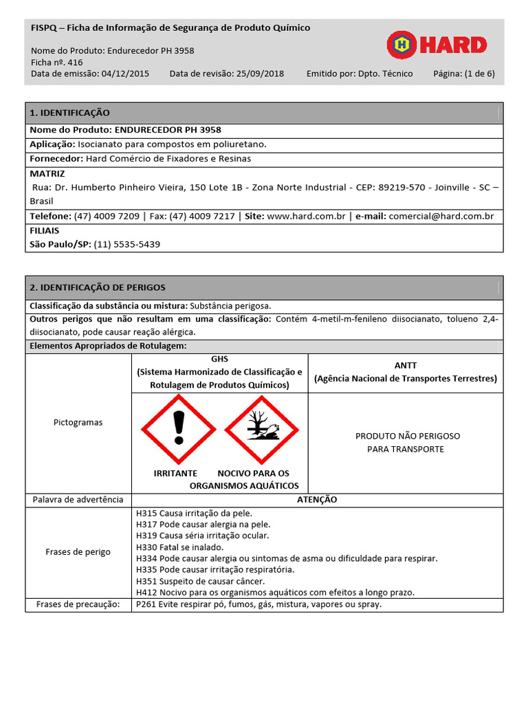 FISPQ-Endurecedor-PH-3958 1 | PDF | Química | Alergia