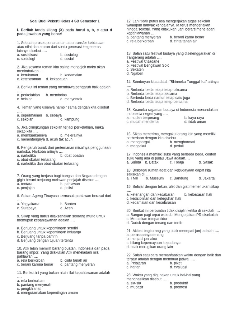 Soal Budi Pekerti Kelas 4 SD Semester 1 | PDF