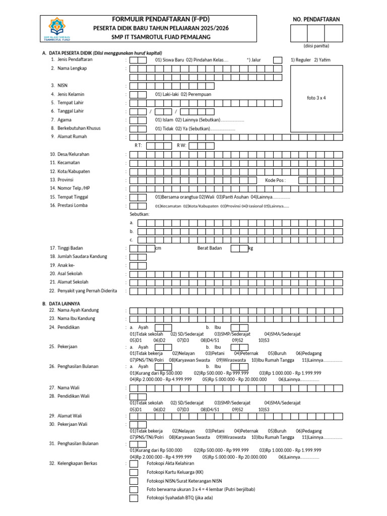 Formulir Pendaftaran SMP IT 2025/2026 | PDF