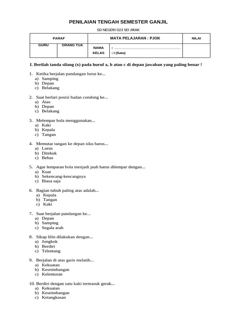 Soal PJOK Kelas 1 SD: Penilaian Tengah Semester | PDF