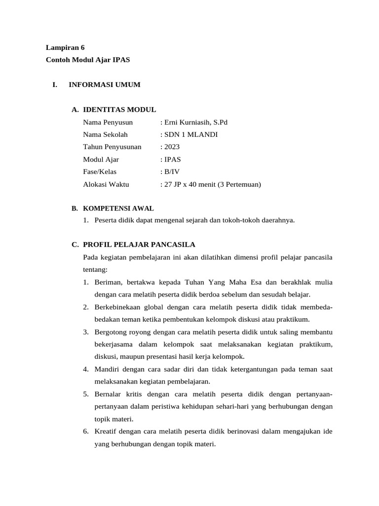 6. lampiran 6 contoh modul ajar BAB 5 KLS 4 | PDF