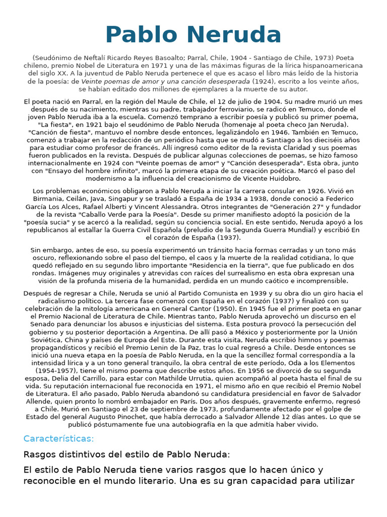 Biografía de Pablo Neruda | PDF