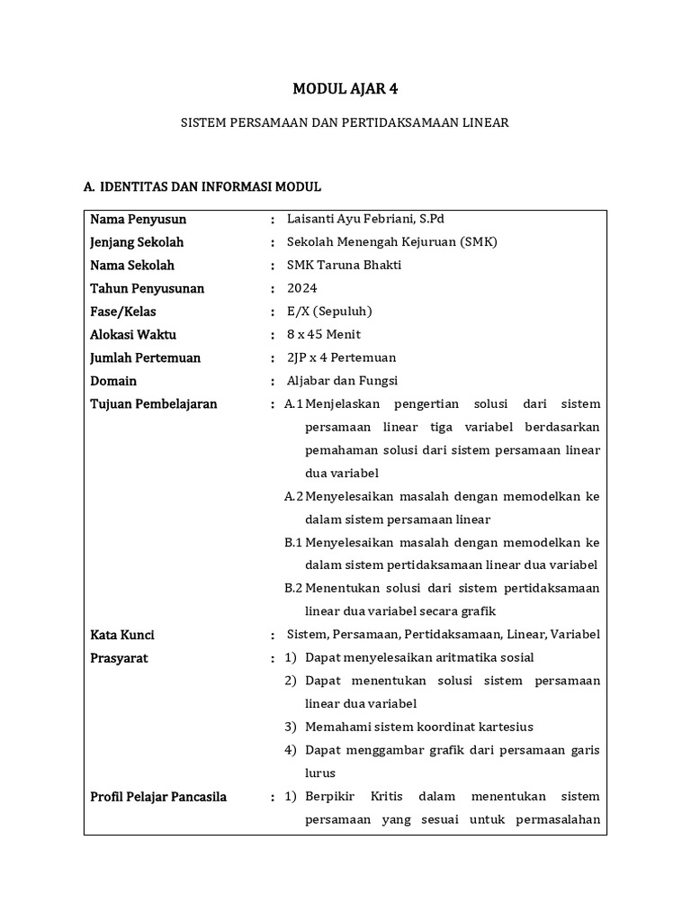 MODUL AJAR 4 - Sistem Persamaan Dan Pertidaksamaan Linear | PDF