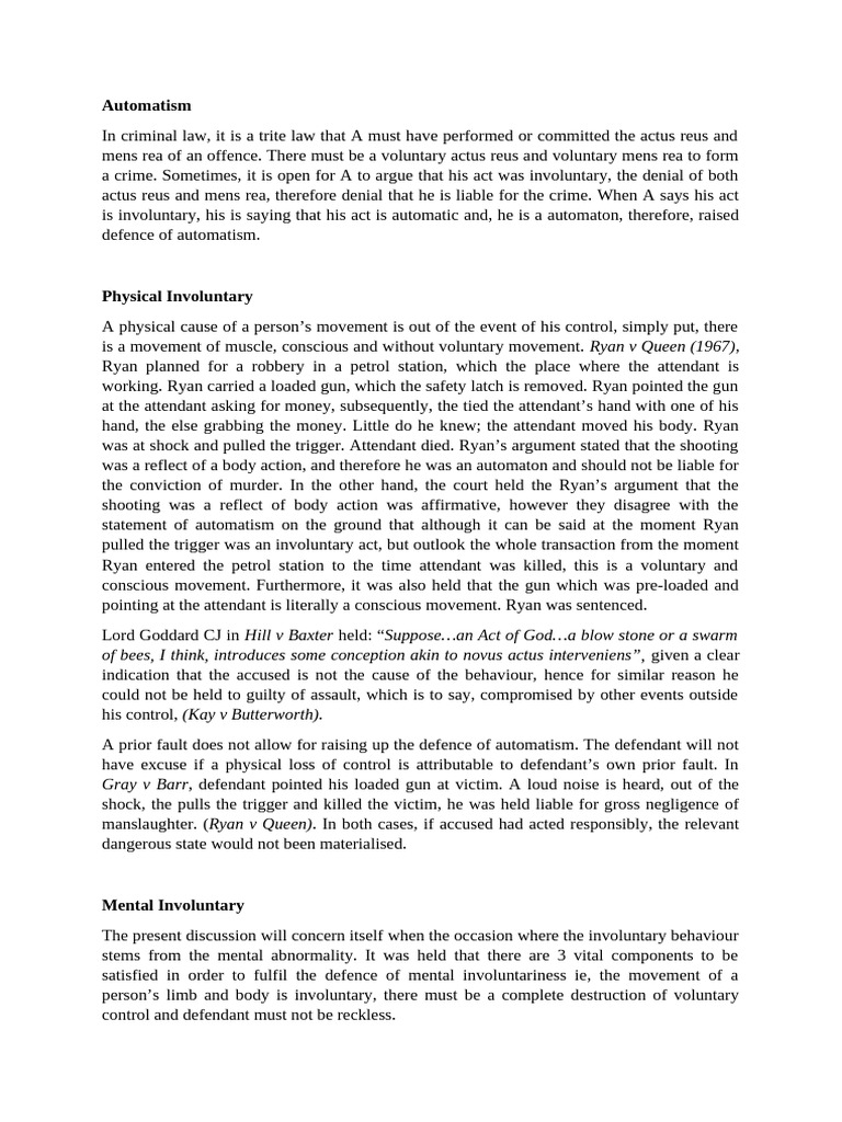 Automatism | PDF | Common Law | Criminal Law