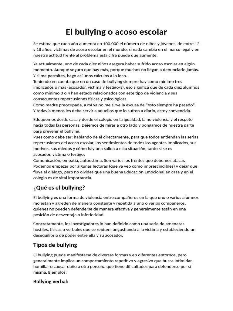 El BULLYING O ACOSO ESCOLAR | PDF | Violencia | Intimidación