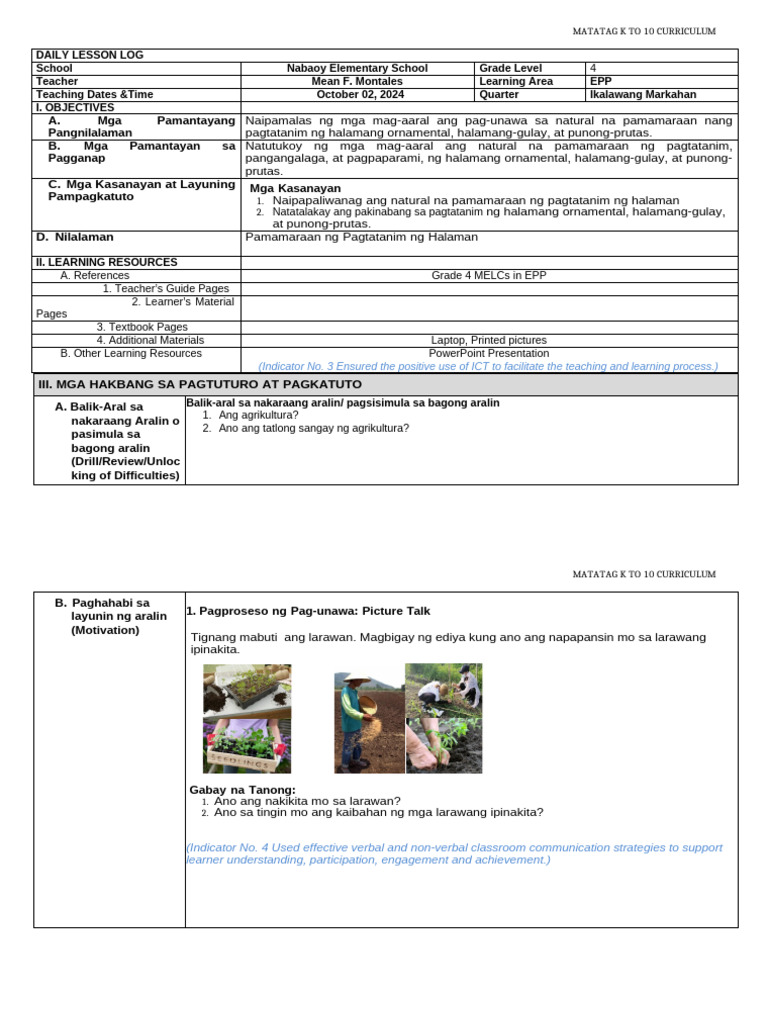 DLL Matatag - Epp 4 | PDF