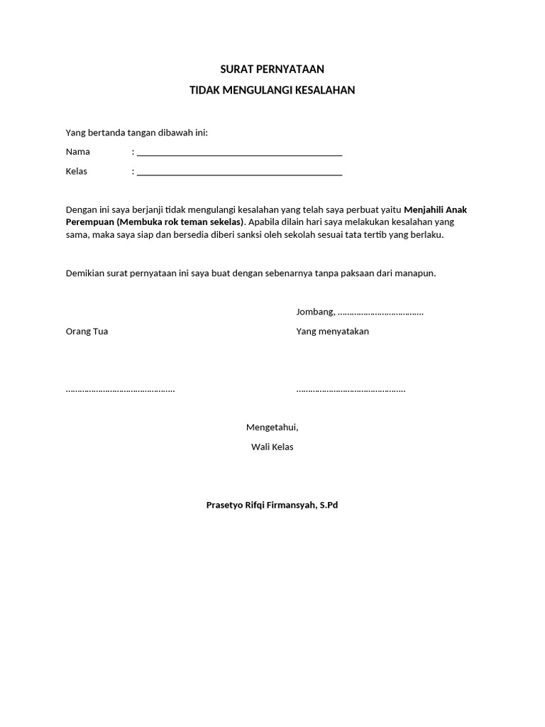 Surat Pernyataan Siswa Pelanggaran Aturan | PDF