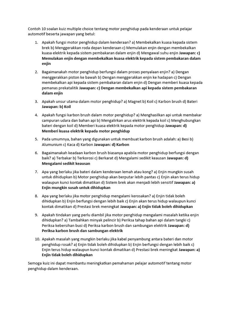 Contoh 10 Soalan Kuiz Multiple Choice Tentang Motor Penghidup | PDF