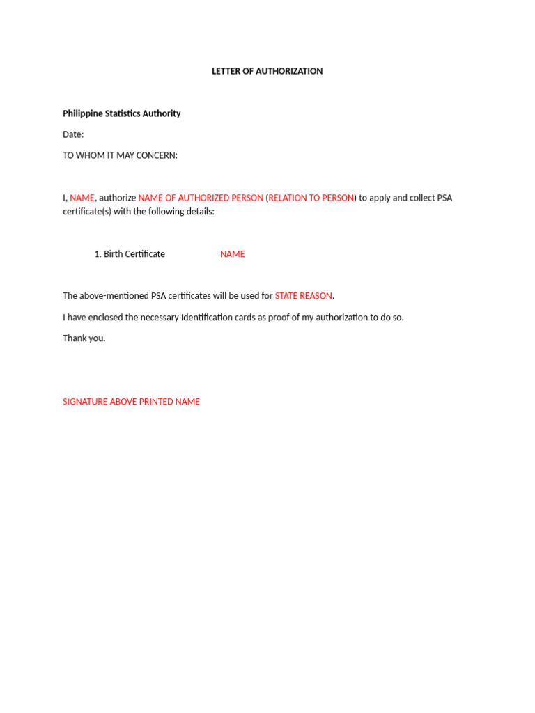 PSA Certificate Authorization Letter | PDF