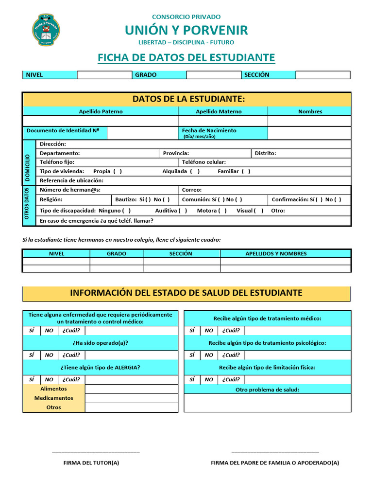 Ficha de Datos Estudiante Unión y Porvenir | PDF