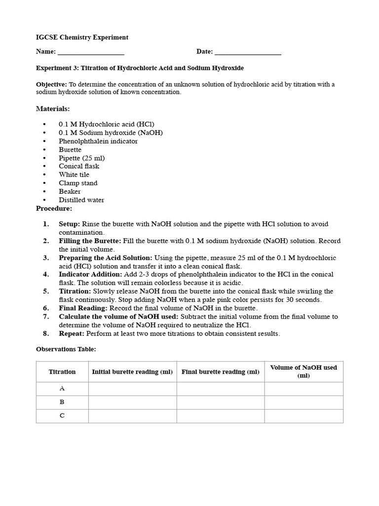 Titration of Hydrochloric Acid and Sodium Hydroxide CHM240 | PDF ...