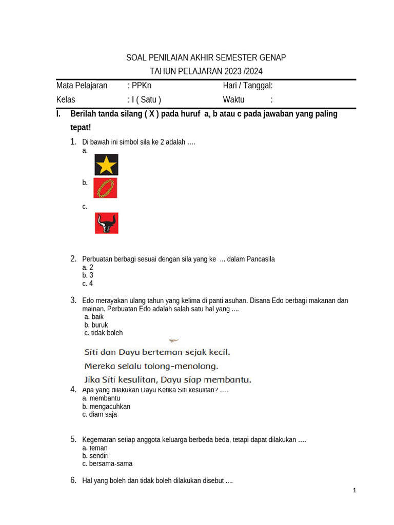 Soal Penilaian Akhir Semester Genap PPKN Kelas 1 Deska | PDF | Seni & Disiplin Bahasa