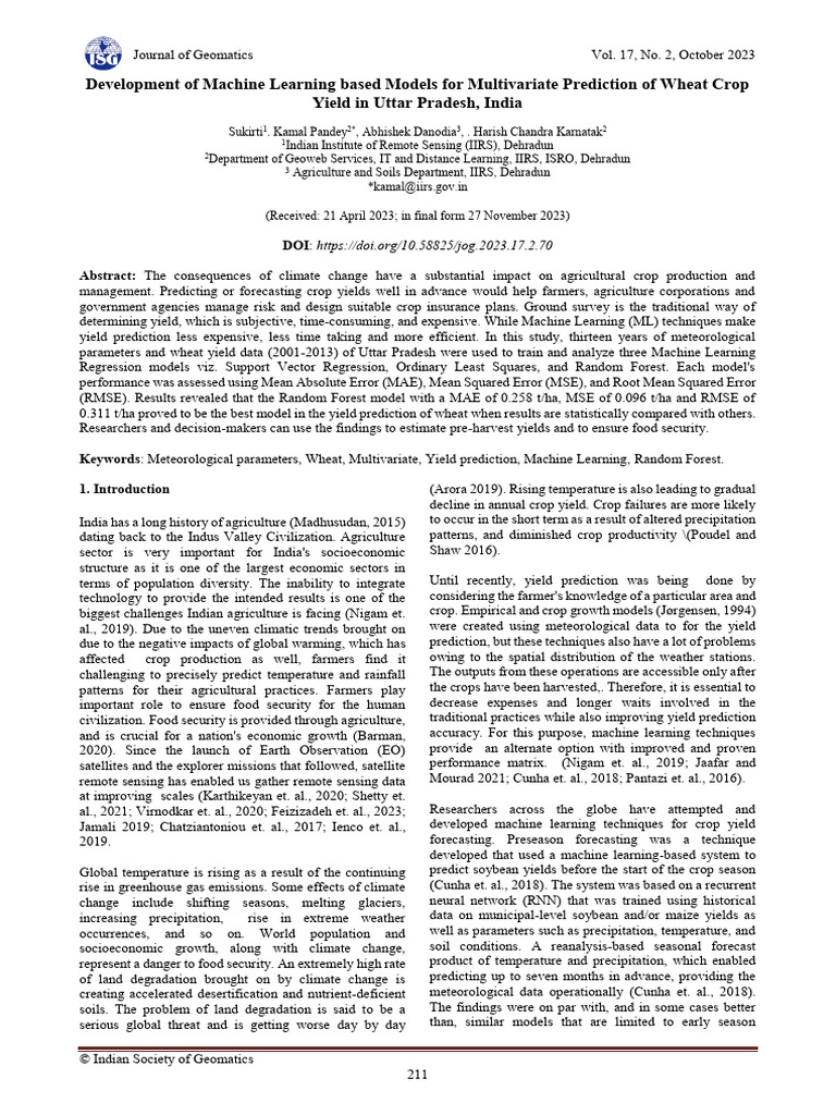 Development of Machine Learning Based Models For Multivariate Prediction of Wheat Crop Yield in ...