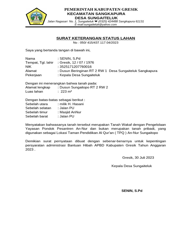 Surat Pernyataan Status Lahan | PDF
