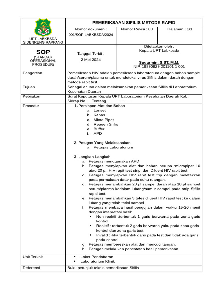 SOP Pemeriksaan Sifilis Metode Rapid | PDF