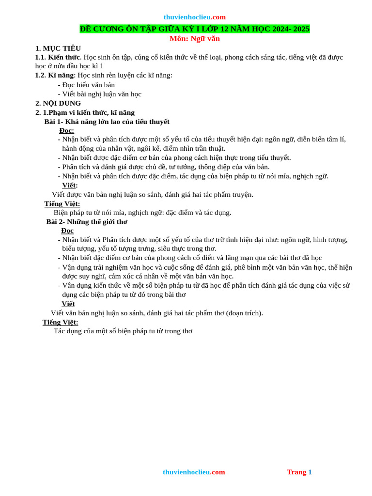 De Cuong On Tap Giua HK1 Ngu Van 12 KNTT Nam Hoc 24 25 | PDF