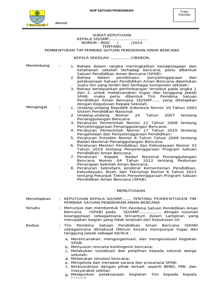 Konsep - DRAFT SK Kepala Sekolah Tentang Pembentukan Tim SPAB | PDF