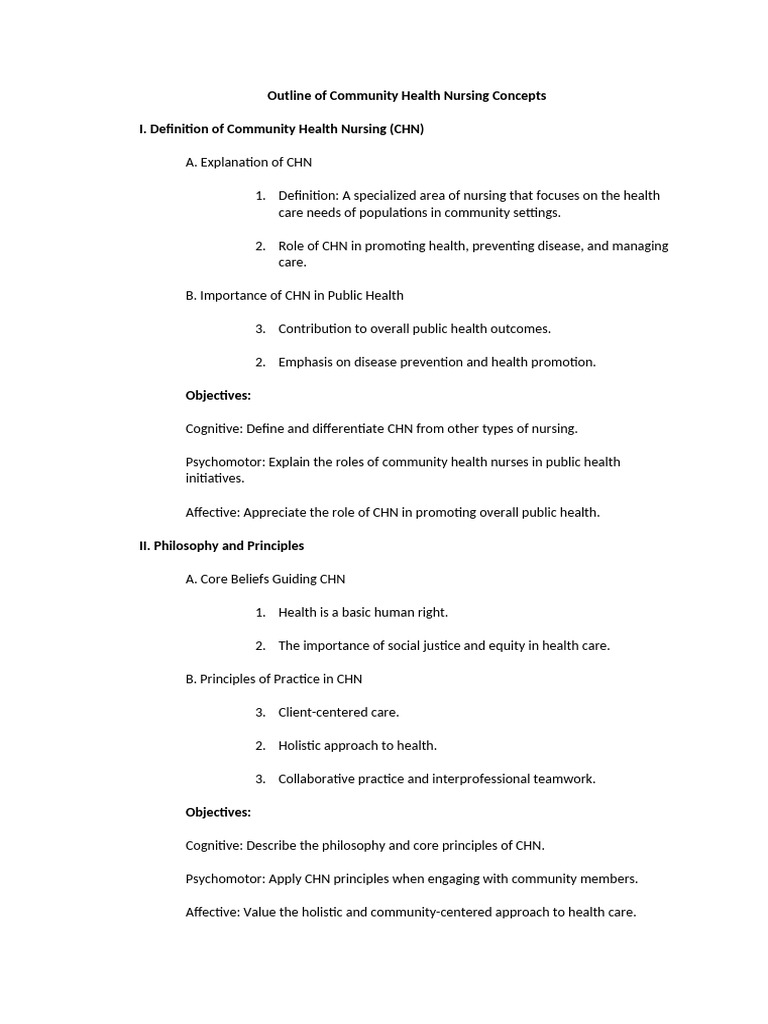Outline of Community Health Nursing Concepts | PDF | Community | Hospital