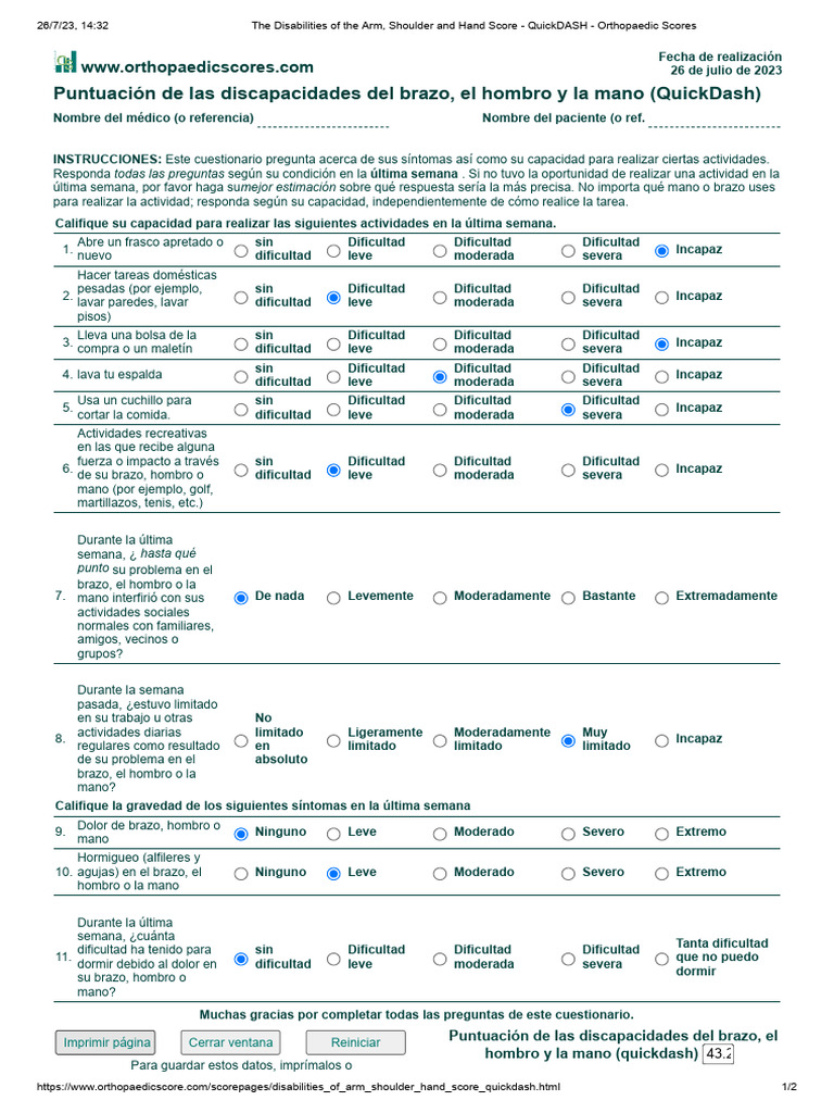 The Disabilities of The Arm, Shoulder and Hand Score - QuickDASH ...