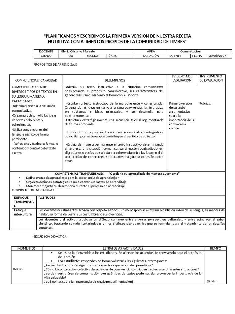 Receta Nutritiva de Timbes para 1ro | PDF | Aprendizaje | Evaluación