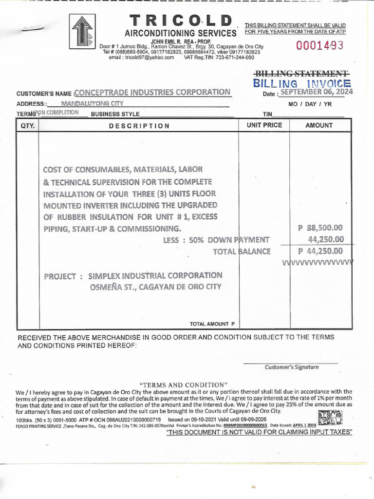 Billing Statement 1493 - Conceptrade Industries Corp | PDF