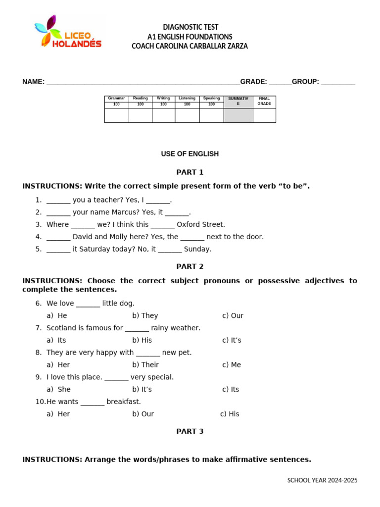 A1 English Foundations Diagnostic Test | PDF | English Language | Languages
