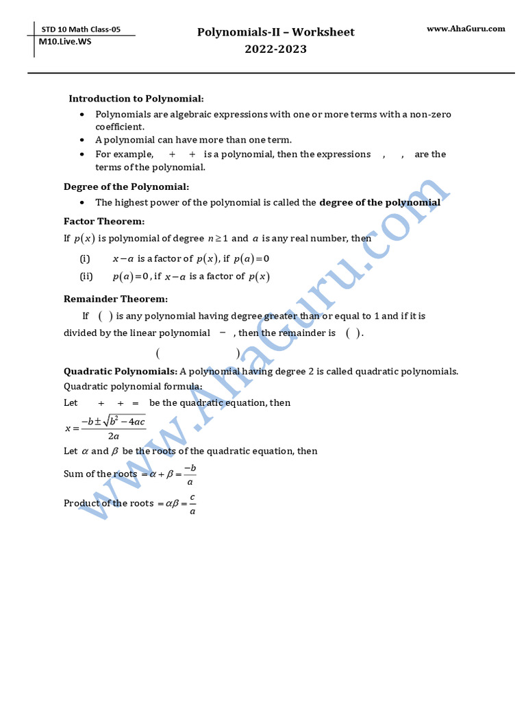 Polynomials II Worksheet | PDF | Polynomial | Factorization