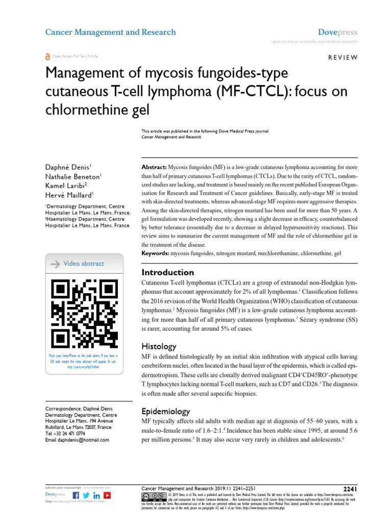 Management of Mycosis Fungoides-Type Cutaneous T-Cell Lymphoma (MF-CTCL) : Focus On Chlormethine ...