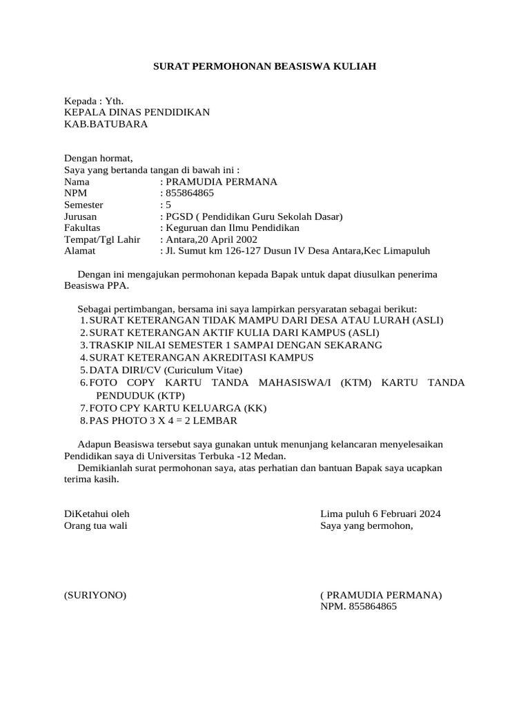Contoh Surat Permohonan Beasiswa Kuliah | PDF
