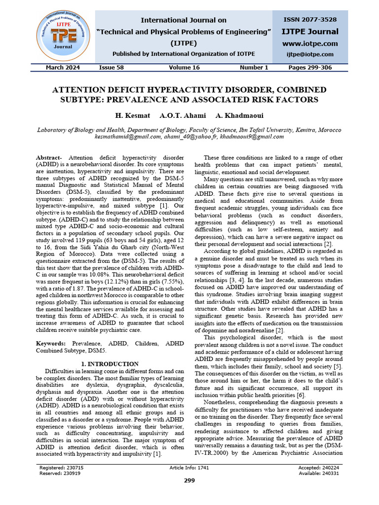 43 IJTPE Issue58 Vol16 No1 Mar2024 pp299 306 | PDF | Attention Deficit ...