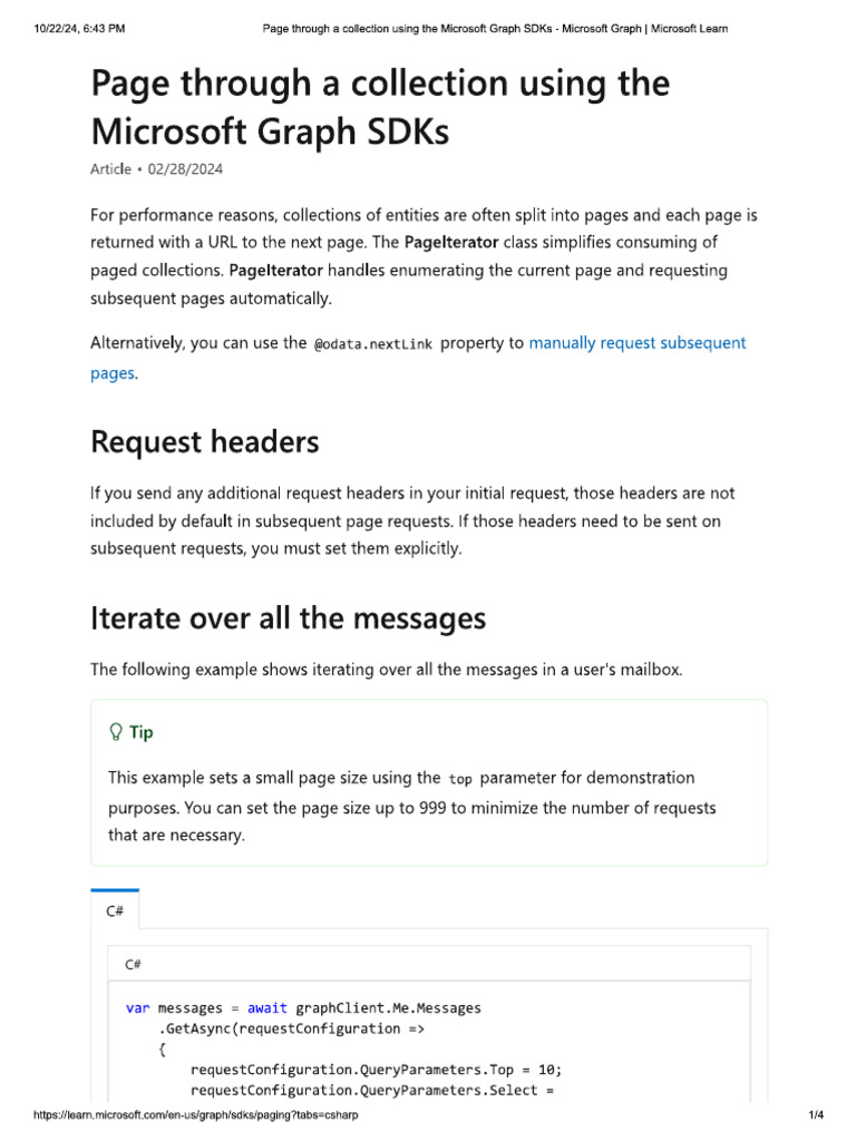 Page Through A Collection Using The Microsoft Graph SDKs | PDF