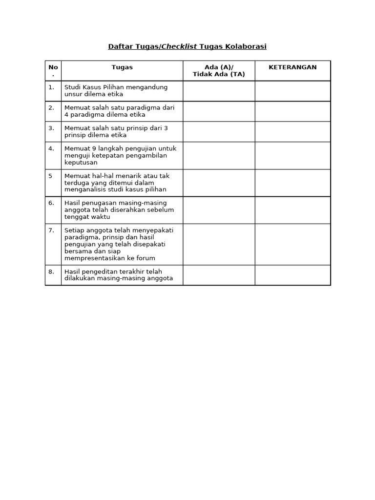 Checklist Tugas Kolaborasi | PDF