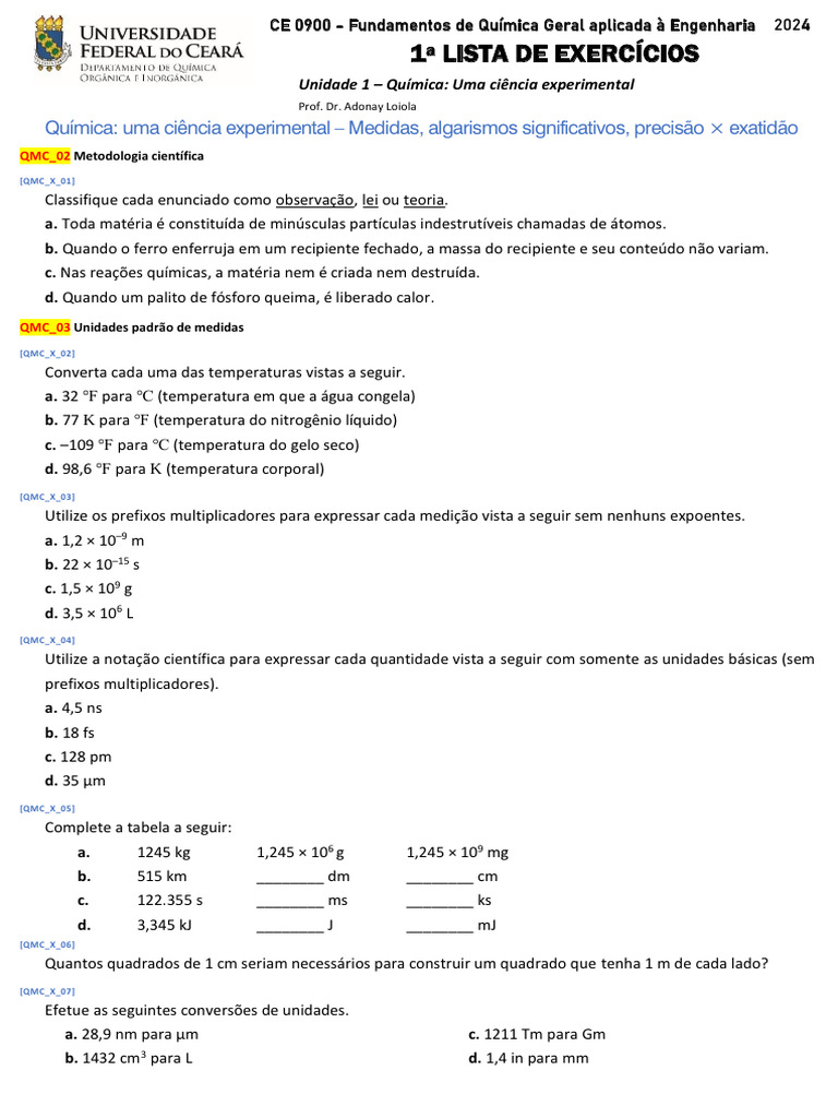 Lista 01-QMC Exercicios | PDF | Química | Temperatura