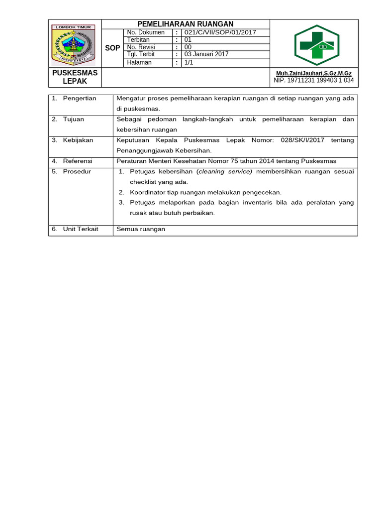 SOP Pemeliharaan Ruangan Puskesmas | PDF
