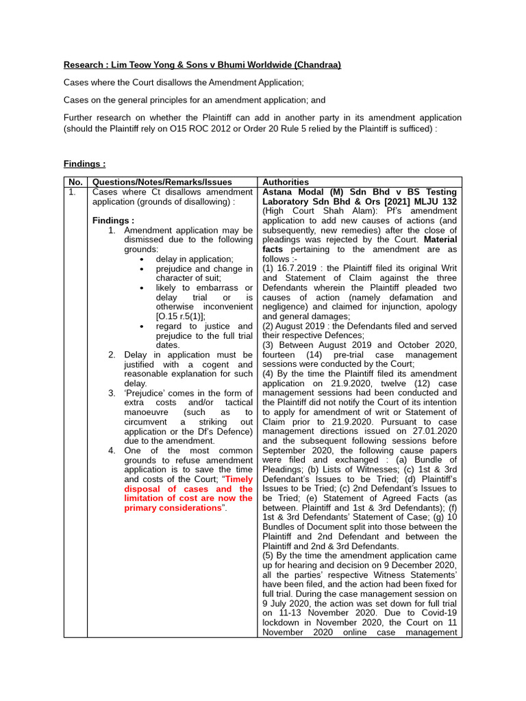 Research Amendment Application LTY V Bhumi | PDF | Lawsuit | Cause Of ...